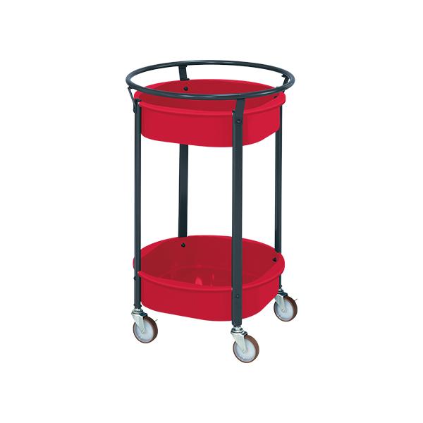 カドが無く人に優しいまるいワゴン!!タテ・ヨコの向きが無く、どこからでも握れて使いやすい!絞り加工の一体構造により油漏れのない棚板を採用。<br>●外寸：500φ×H690mm●均等耐荷重：60kg●本体色：レッド●質量：7kg...