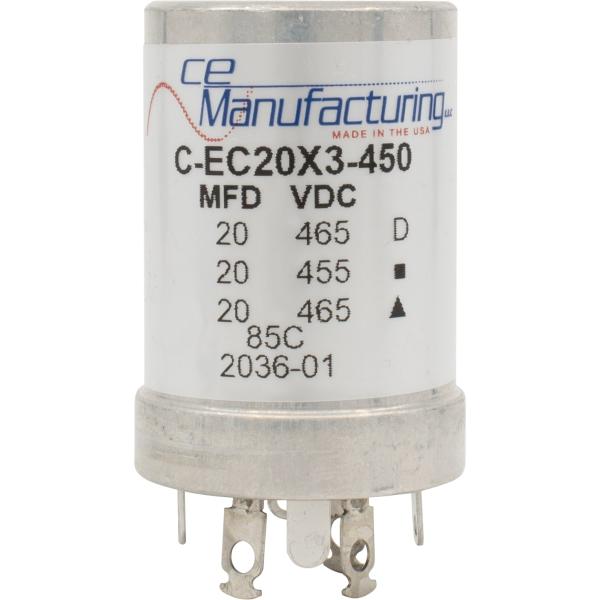 米国CEマニュファクチャリングのマルチセクション電解缶コンデンサー。 450VDCで3セクション20uF。 温度定格は85°C。Champ AA764、Vibro-Champ AA764、Bronco Amp AB764の缶コンデンサーの優...