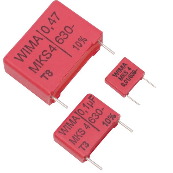 高品質のWima MKS 4フィルムコンデンサです。これらの630Vコンデンサは、高電圧ギターアンプやHi-Fiアンプ、その他のオーディオ機器やプロ仕様機器などの用途に最適です。Wima MKS 4コンデンサは、金属化ポリエステル（PET）...