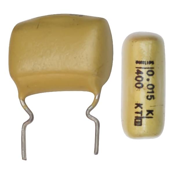 リード間隔 10mm のフィリップス製の新旧在庫ラジアル コンデンサ。 KT-347 シリーズのコンデンサーは、クラシックなマーシャル アンプや多くのヴィンテージ ペダルに使用されている Mullard / Philips のマスタード キ...