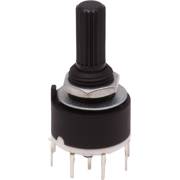 マルチポジションミニロータリースイッチ。これらのパネルマウント、PCB終端スイッチは、ペダル、シンセモジュール、その他の電子機器のパネル並列PCB構築に最適です。6mmの粗いローレットシャフト (T18) を備えています。取り付けナットとワ...