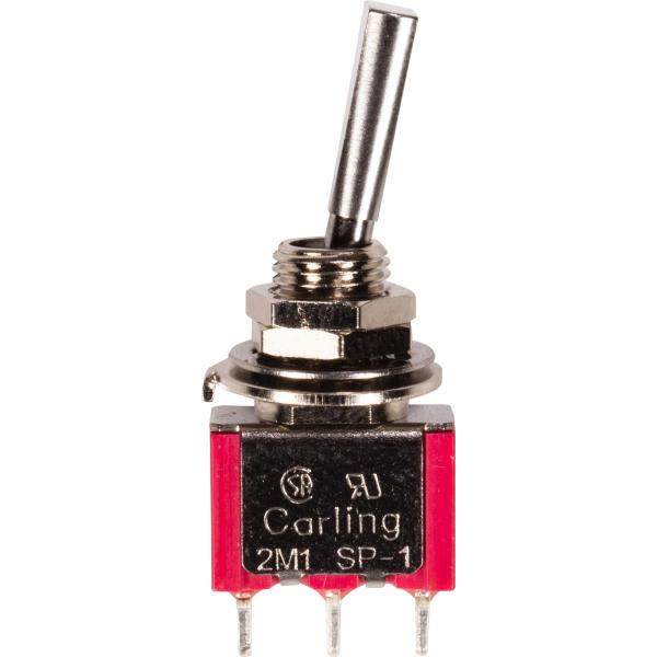 カーリングミニトグルスイッチ、SPDT。このスイッチは、フラット化されたアクチュエータを備えています。0.354 "ブッシングの長さ2ポジションオン/オン1/4 "取り付け穴の直径単極/双投（SPDT）はんだラグ