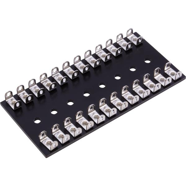黒板上に2列に12個のUスタイル端子 (合計24個) が配置されています。このUスタイルの端子ストリップは、端子間隔が6.35 mmで非常に高密度であり、さらに高密度のポイントツーポイントビルドを可能にします。ボードの厚さは0.063インチ...