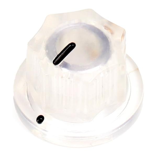 止めネジと真ちゅうのインサートが付いた小さなプラスチック製のノブ。 多くの Dunlop / MXR ペダルで使用される小さなノブに似ています。 これらのノブには、インジケータ ラインとスカートのドット インジケータが付いた溝付きグリップが...