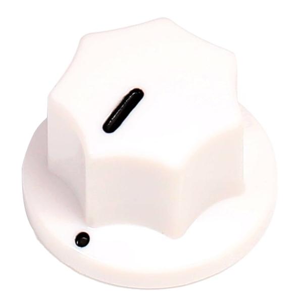 止めネジと真ちゅうのインサートが付いた小さなプラスチック製のノブ。 多くの Dunlop / MXR ペダルで使用される小さなノブに似ています。 これらのノブには、インジケータ ラインとスカートのドット インジケータが付いた溝付きグリップが...