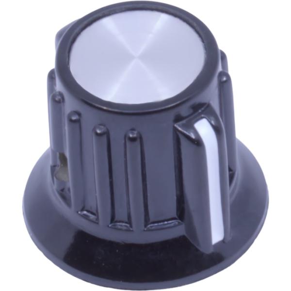 ヴィンテージのウィングデザインを採用した高品質フェノール樹脂製ノブ。このノブは、放射状にブラッシュ仕上げされたメタルトップ、粗いストレートローレットグリップ、そして垂直のポインターを備えています。このノブは、太いインジケータラインを備え、フ...