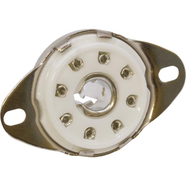 T-35Z3整流器などのロクタル (ロクタルと綴られる場合もあります) チューブ用のセラミックソケット。これらの口腔窩には、外側ピン用の8つのアイレットと、大きなセンターピン用のアイレットが1つあります。シャーシの穴の詳細:・取り付けに応じ...