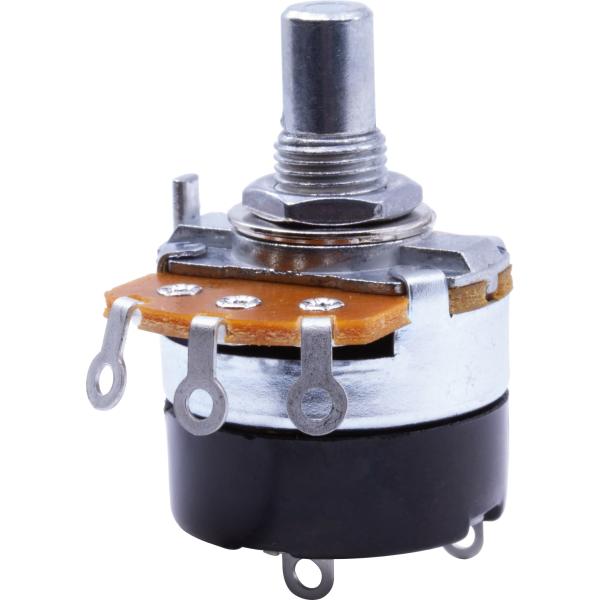 Alphaの500kΩ 24mmオーディオテーパーポット。ボリュームコントロールの ON/OFF 設定によく使用されるSPSTロータリースイッチを備えています。 このポットには6.25 mm (0.25 インチ) のソリッドシャフトと半田ラ...