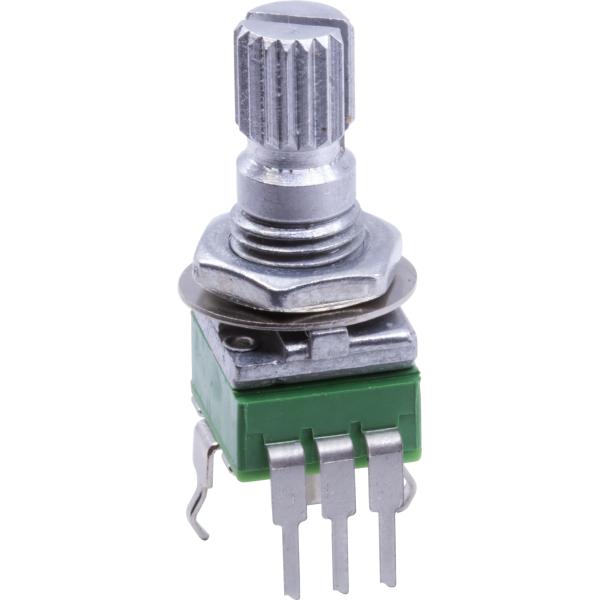 オーディオテーパー、垂直マウント、6mm T18 ローレットシャフト付きアルファポット。 これらの 9mm ポットは、DIY ギター ペダル、シンセサイザー、その他のプロジェクトで人気があります。 取り付けナットとワッシャーが付属します。