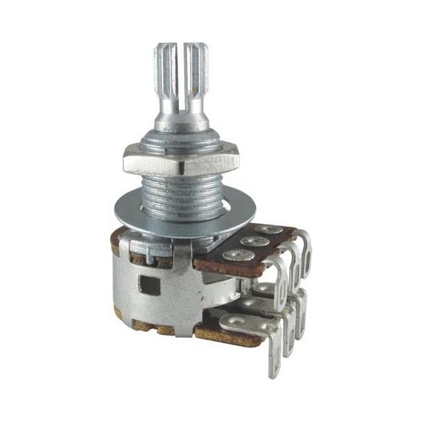 センターデテント付きのデュアルMNテーパーブレンドバランス。スプリットシャフト 本体径17mm1/4 "ワット、300°回転1/ 4"シャフト直径はんだラグ3/8 "ブッシングMテーパー： 0％から50％の回転（線形）で0％から100％の出...