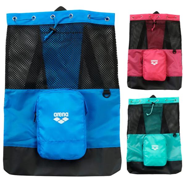 トレーニングツールやジャージなどを運ぶのに適したメッシュ素材のバックパック。ビート板やフィンなどの練習グッズはもちろん、試合会場での移動にも適しています。前面にはゴーグルやIDカードなど小さいものを収納できるポケット付き。底面はプルーフ素材...