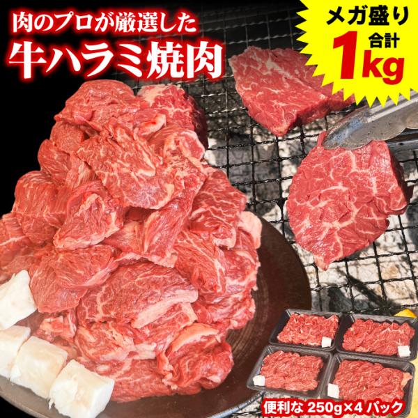 牛ハラミ焼肉！大容量、メガ盛り1kg小分けで嬉しい♪便利な250g×4パックでお届け！急速冷凍で鮮度抜群！プロの肉職人がカットした厳選ハラミBBQでも家焼肉でも活躍！赤身焼肉の王道です。熟成されたコク・旨味があり穀物肥育だから霜降も適度にあ...
