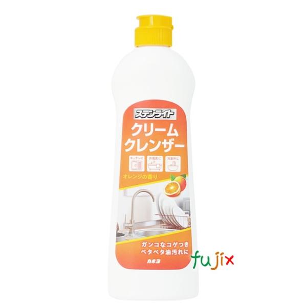 ステンライト クリームクレンザーオレンジ  400g商品コード101121-Aシンクの汚れやなべの焦げつき、浴槽の汚れまで、ミクロ粒子のパワーでピカピカに落とします。オレンジの香り。持ちやすい丸みのある容器。ソフトな研磨剤を配合。研磨剤に炭...
