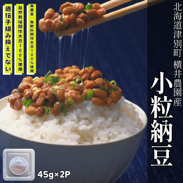 無農薬・無肥料栽培間作大豆を使った小粒納豆■内容量 45ｇ×2個　■販売者 総合自然食品店ふきのとう■原材料名 北海道産間作大豆(遺伝子組み換えでない)、納豆菌■賞味期限 冷凍で３ヶ月、冷蔵で２週間