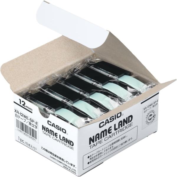 ネームランド用スタンダードテープカシオ ラベルライター ネームランド 純正 テープ 12mm XR-12WE-5P-E 白地に黒文字 5本入り色 白に黒文字サイズ 12mm材質 【素材】樹脂ブランド CASIO(カシオ)【テープ種類】スタン...