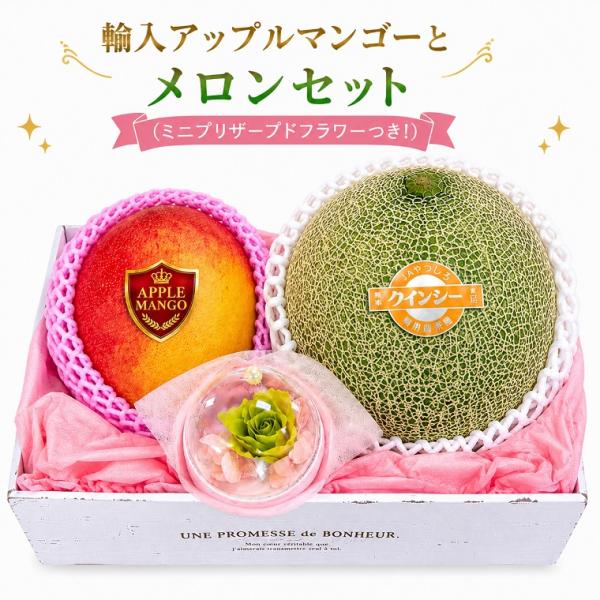 【輸入アップルマンゴー＆国産メロンセット 】メキシコ・ペルー・台湾他マンゴーと熊本 茨木 福井他国産 赤肉メロンか青肉メロン 可愛いブリザーブドフラワー付きです。父の日 プレゼント ギフト 手土産  お礼  フルーツ 果物 内祝　