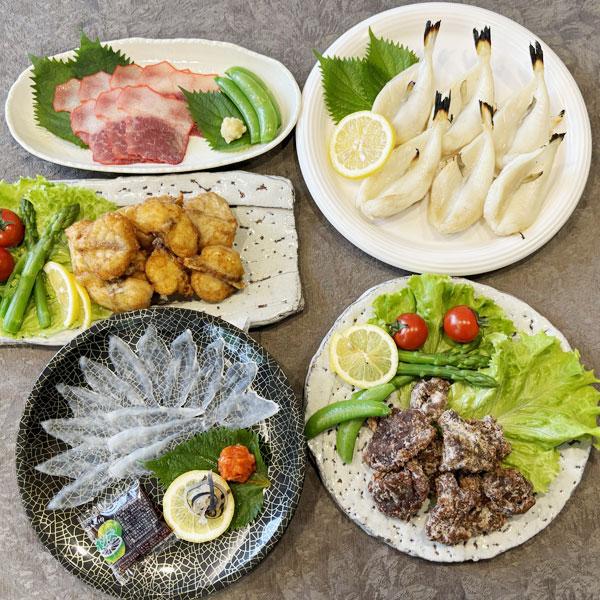 このセットには、ふぐの王様「とらふぐ刺身（25g）」、ジューシーな「天然ふぐ唐揚（300g）」、懐かしい味わいの「鯨竜田揚（400g）」、旨みが凝縮された「ふぐ一夜干（6枚）」、そして伝統の味「鯨ベーコン（40g）」が詰まっています。解凍・...