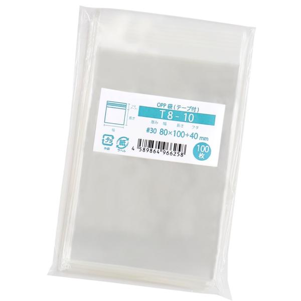 材質：OPP　サイズ（mm）：厚さ0.03x幅80x長さ100+テープ部分40、入数：100枚入x1袋・日本製。透明度が高く光沢があるので高級感があり、中身をきれいに見せることができます。ワンタッチで封ができる便利なテープ付。OPP袋は別名...