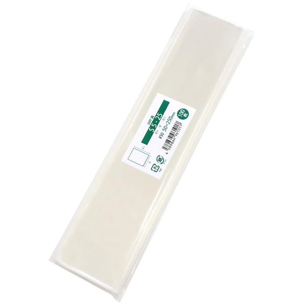 開口部にテープのない最も一般的な平袋タイプのOPP袋です。材質：OPP・サイズ（mm）：厚さ0.03x幅50x長さ250mm、入数：1000枚（100枚入x10袋）。日本製。透明度が高く光沢があるので高級感があり、中身をきれいに見せることが...