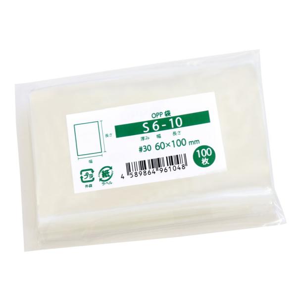 開口部にテープのない最も一般的な平袋タイプのOPP袋です。材質：OPP・サイズ（mm）：厚さ0.03x幅60x長さ100mm、入数：100枚入x1袋。日本製。透明度が高く光沢があるので高級感があり、中身をきれいに見せることができます。テープ...