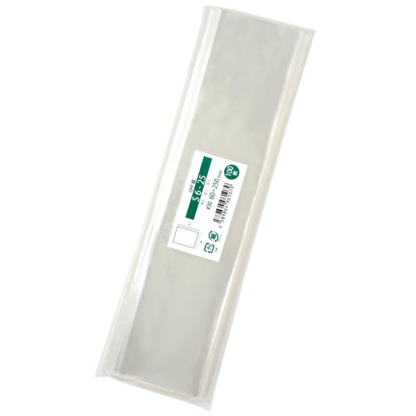開口部にテープのない最も一般的な平袋タイプのOPP袋です。材質：OPP・サイズ（mm）：厚さ0.03x幅60x長さ250mm、入数：100枚入x1袋。日本製。透明度が高く光沢があるので高級感があり、中身をきれいに見せることができます。テープ...
