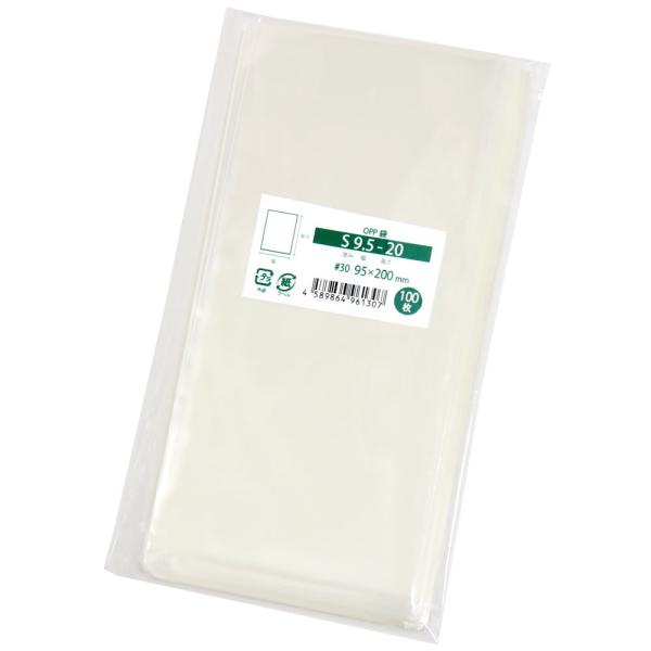 開口部にテープのない最も一般的な平袋タイプのOPP袋です。材質：OPP・サイズ（mm）：厚さ0.03x幅95x長さ200mm、入数：100枚入x1袋。日本製。透明度が高く光沢があるので高級感があり、中身をきれいに見せることができます。テープ...