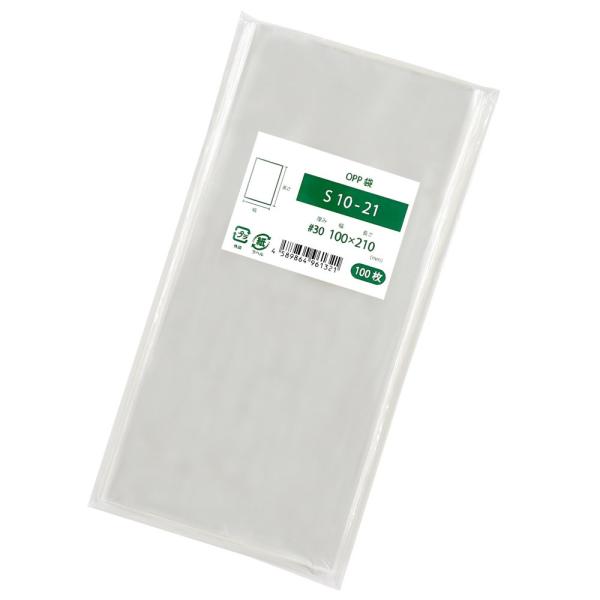 開口部にテープのない最も一般的な平袋タイプのOPP袋です。材質：OPP・サイズ（mm）：厚さ0.03x幅100x長さ210mm、入数：100枚入x1袋。日本製。透明度が高く光沢があるので高級感があり、中身をきれいに見せることができます。テー...