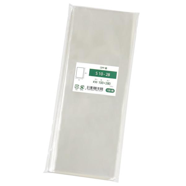 開口部にテープのない最も一般的な平袋タイプのOPP袋です。材質：OPP・サイズ（mm）：厚さ0.03x幅100x長さ280mm、入数：100枚入x1袋。日本製。透明度が高く光沢があるので高級感があり、中身をきれいに見せることができます。テー...