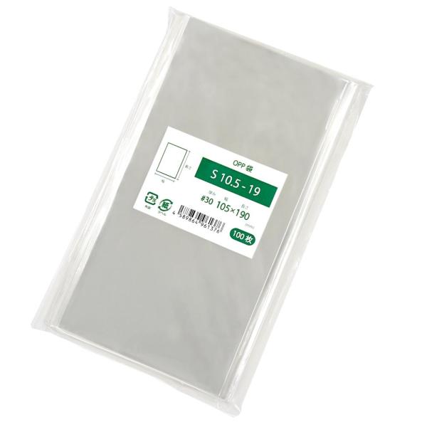 開口部にテープのない最も一般的な平袋タイプのOPP袋です。材質：OPP・サイズ（mm）：厚さ0.03x幅105x長さ190mm、入数：100枚入x1袋。日本製。透明度が高く光沢があるので高級感があり、中身をきれいに見せることができます。テー...