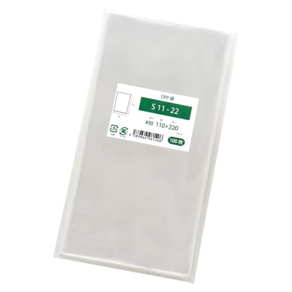 開口部にテープのない最も一般的な平袋タイプのOPP袋です。材質：OPP・サイズ（mm）：厚さ0.03x幅110x長さ220mm、入数：100枚入x1袋。日本製。透明度が高く光沢があるので高級感があり、中身をきれいに見せることができます。テー...