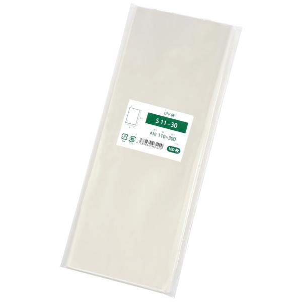 開口部にテープのない最も一般的な平袋タイプのOPP袋です。材質：OPP・サイズ（mm）：厚さ0.03x幅110x長さ300mm、入数：1000枚（100枚入x10袋）。日本製。透明度が高く光沢があるので高級感があり、中身をきれいに見せること...