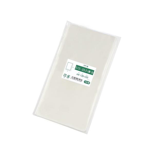 開口部にテープのない最も一般的な平袋タイプのOPP袋です。材質：OPP・サイズ（mm）：厚さ0.03x幅120x長さ235mm、入数：1000枚（100枚入x10袋）。日本製。透明度が高く光沢があるので高級感があり、中身をきれいに見せること...