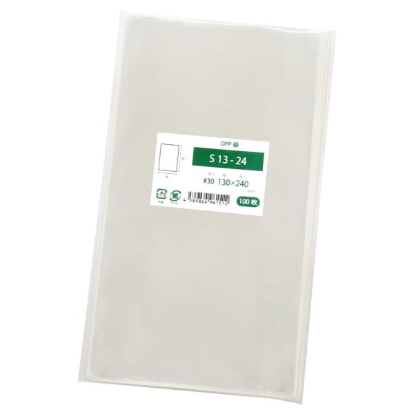 開口部にテープのない最も一般的な平袋タイプのOPP袋です。材質：OPP・サイズ（mm）：厚さ0.03x幅130x長さ240mm、入数：100枚入x1袋。日本製。透明度が高く光沢があるので高級感があり、中身をきれいに見せることができます。テー...