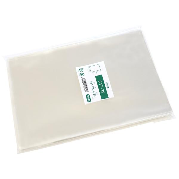 開口部にテープのない最も一般的な平袋タイプのOPP袋です。材質：OPP・サイズ（mm）：厚さ0.03x幅170x長さ250mm、入数：100枚入x1袋。日本製。透明度が高く光沢があるので高級感があり、中身をきれいに見せることができます。テー...