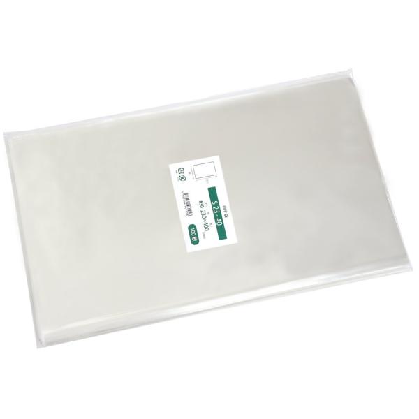 開口部にテープのない最も一般的な平袋タイプのOPP袋です。材質：OPP・サイズ（mm）：厚さ0.03x幅230x長さ400mm、入数：100枚入x1袋。日本製。透明度が高く光沢があるので高級感があり、中身をきれいに見せることができます。テー...