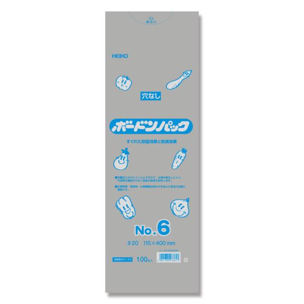 商品名：ボードンパック No.6 穴なしメーカー：シモジマブランド名：HEIKO（ヘイコー）サイズ（mm）：115x400厚さ（mm）：0.02入数：100枚材質：OPPカラー：透明特長：・防滴加工されたフィルムなので水滴を発生しにくく、内...