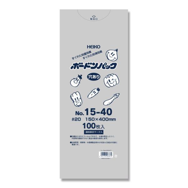 商品名：ボードンパック No.15-40 4穴メーカー：シモジマブランド名：HEIKO（ヘイコー）サイズ（mm）：150x400厚さ（mm）：0.02入数：100枚材質：OPPカラー：透明特長：・通気性を良くするための空気穴が開けてあります...