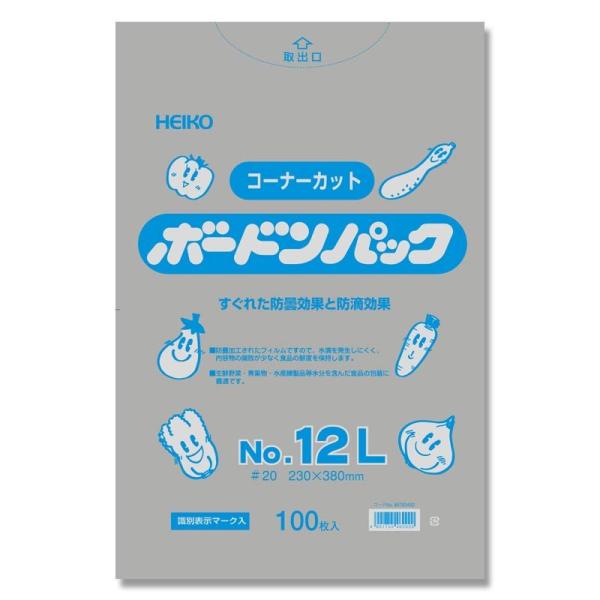商品名：ボードンパック コーナーカットタイプ No.12L 穴なしメーカー：シモジマブランド名：HEIKO（ヘイコー）サイズ（mm）：幅230x高380厚さ（mm）：0.02入数：100枚材質：OPPカラー：透明特長：・左右の角がカットされ...