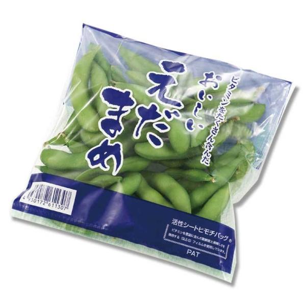 野菜の鮮度を保つポリ袋です。こちらは枝豆に特化したデザイン。鮮度保持フィルムに通気性の良いメッシュ構造の素材「ワリフ」を貼り合わせ、新鮮さを保つ効果を持たせました。別記商品詳細、注意事項をよくご確認の上でご注文いただけますようお願い致します。