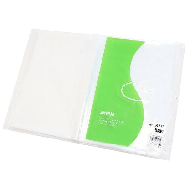 透明のポリ袋、規格袋19号（No.19）です。最も一般的な厚み0.03mmで幅広い用途にご利用いただけます。500枚（1冊100枚入x5冊）でのお届けになります。サイズ：厚さ0.030mmx幅400x長さ550mm・素材：高圧ポリエチレン（...