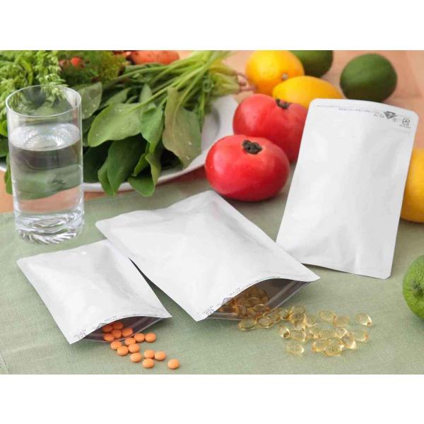 サイズ[mm]:チャック上20・チャック下200x袋幅140入数:50枚・構成:PET12/PE15/AL7/PE15/PE40日本製・色：ホワイト・切込あり・PET／AL／PEラミネート袋の白色印刷、平袋タイプです。白色の袋は、健康食品、...