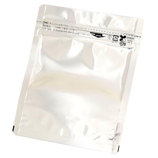 サイズ[mm]：チャック上32+チャック下120x袋幅（ガゼット幅）120（35）入数：50枚概算容積：約180ml構成：バイオPET#12//アルミ蒸着PET#12//LLDPE#60特長：・遮光性、防湿性、ガスバリア性に優れ、封入物の酸...