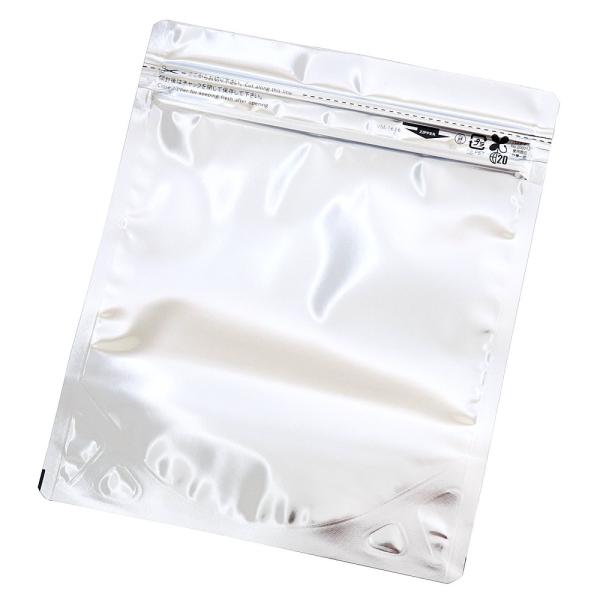 サイズ[mm]：チャック上32+チャック下160x袋幅（ガゼット幅）160（47）概算容積：約525ml入数：50枚構成：バイオPET#12//アルミ蒸着PET#12//LLDPE#60特長：・遮光性、防湿性、ガスバリア性に優れ、封入物の酸...