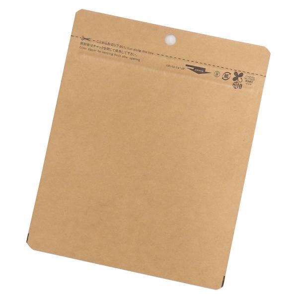 サイズ[mm]：チャック上32+チャック下140x幅140入数：50枚構成：未晒クラフト紙60g//アルミ蒸着PET#12//LLDPE#30特長：・クラフト紙基材の自然な風合い・高い防湿性・脱酸素剤使用可・遮光性に優れています・ガスバリア...