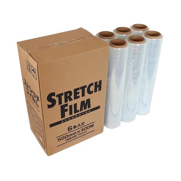 サイズ：横幅500mm x 長さ300m・厚さ12μ（0.012mm）・紙管内径約76mm入数：30本（1ケース6本入x5ケースセット）・カラー：透明・材質：ポリエチレンパレットに積載した荷物の荷崩れを防止し、輸送時の荷物の破損や雨濡れ、汚...
