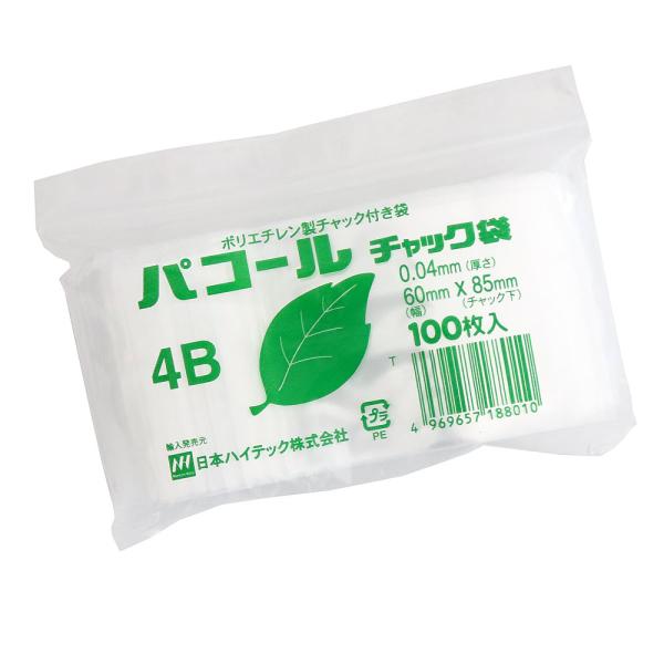 サイズ[mm]:チャック下85x幅60x厚さ0.04適応サイズ:A8数量:100枚入素材:ポリエチレン（LDPE）用途：各種小物、繊維製品、衛生用品、事務用品、薬品、精密機械部品等の包装、整理、仕分け、分類ワンタッチで密封でき、開閉自由なチ...