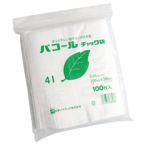 サイズ[mm]:チャック下280x幅200x厚さ0.04適応サイズ:B5数量:100枚入素材:ポリエチレン（LDPE）用途：各種小物、繊維製品、衛生用品、事務用品、薬品、精密機械部品等の包装、整理、仕分け、分類ワンタッチで密封でき、開閉自由...