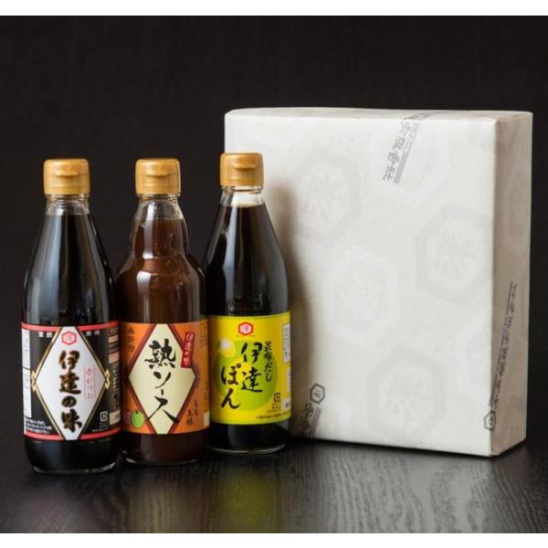 カツオ節に拘った高級だし入り醤油「伊達の味」「伊達の味」をベースにフルーツたっぷり使った「熟ソース」北海道日高こんぶの一番だしにこだわったポン酢「伊達ポン」◆商品内容：伊達の味／熟ソース／伊達ポン 360ml ×各1本◆賞味期限：製造日より...