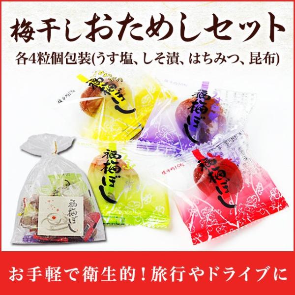 爆買 福梅の定番の味4種類が個包装になったおためしセット♪個包装のため、手を汚さずに食べられます。スポーツや旅行、ドライブ、お弁当に最適です。