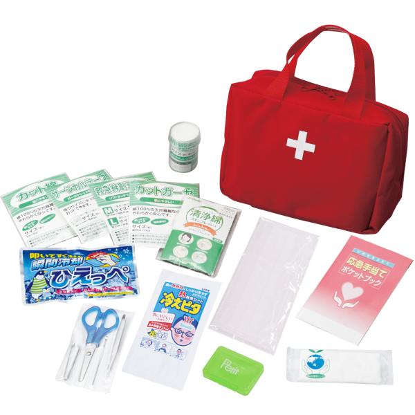 小型バッグで携帯できる本格的な救急バッグセット商品サイズ（mm)：　100×230×155(救急バッグ)外装サイズ（mm）：　箱入(112×235×170)重量（g）：　615内容：　・救急バッグ・カット綿×3枚・カットガーゼ×3枚・包帯・...